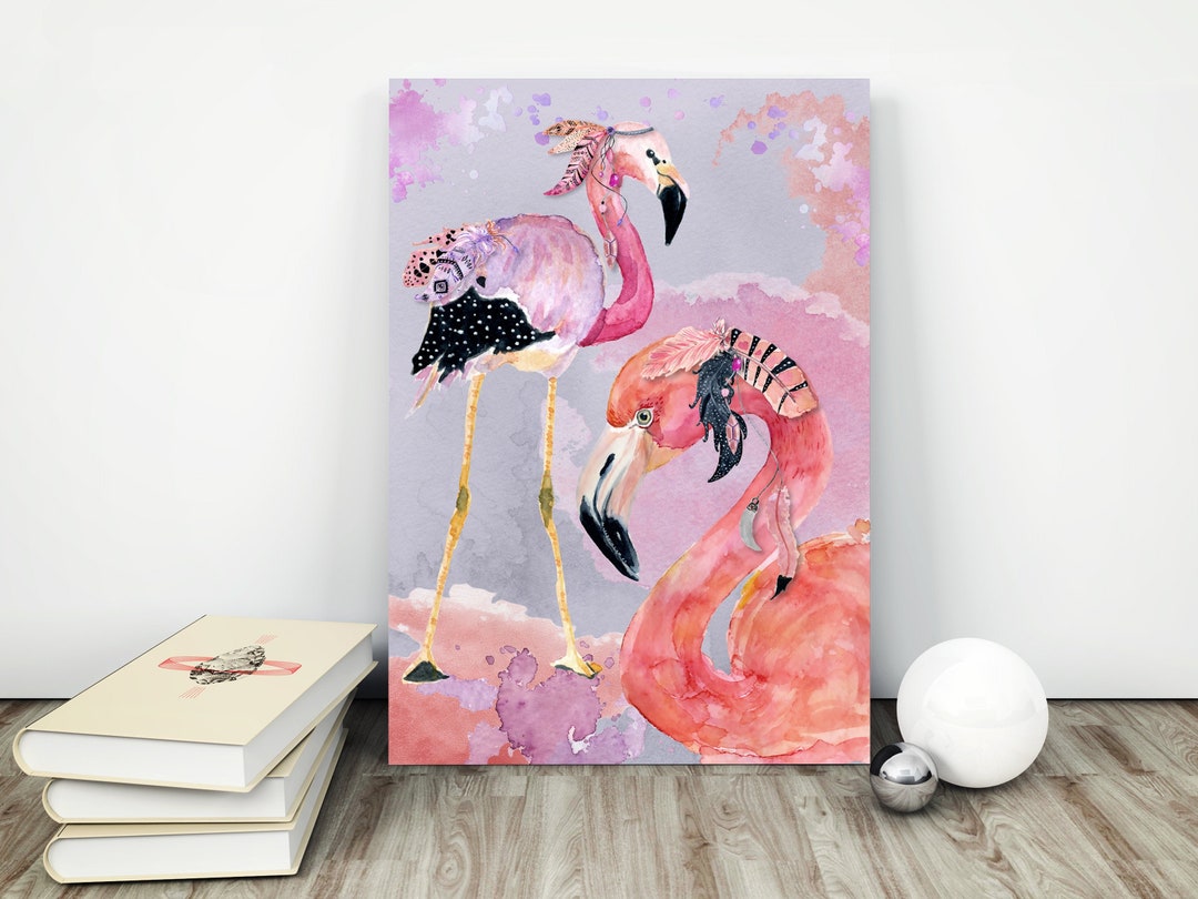 Boho Pink Flamingos Watercolor Art Print – Elegant Bohemian Style ...
