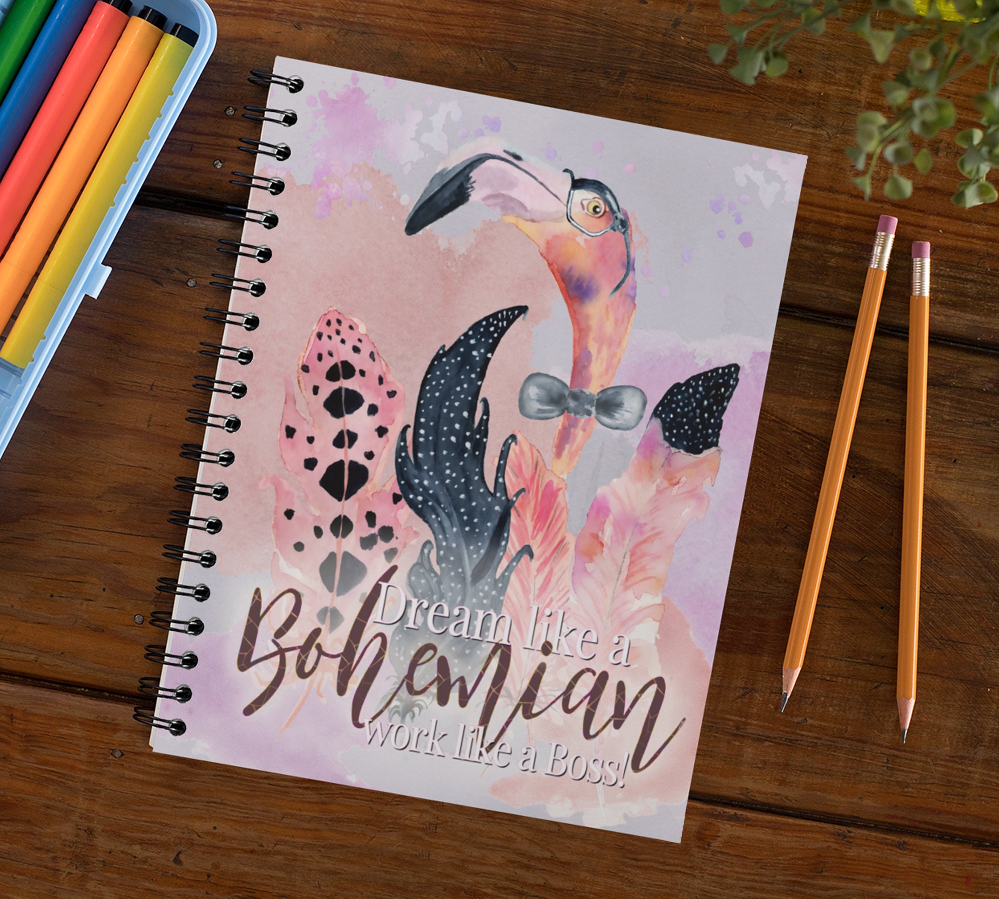 Think Like a Bohemian Notebook Boho Style Notebook Spiralbook Flamingo ...