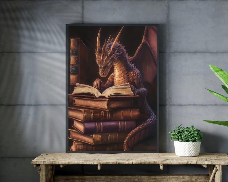 Fantasy Book Dragon Reading Art Print | Magical Library Decor (digital ...