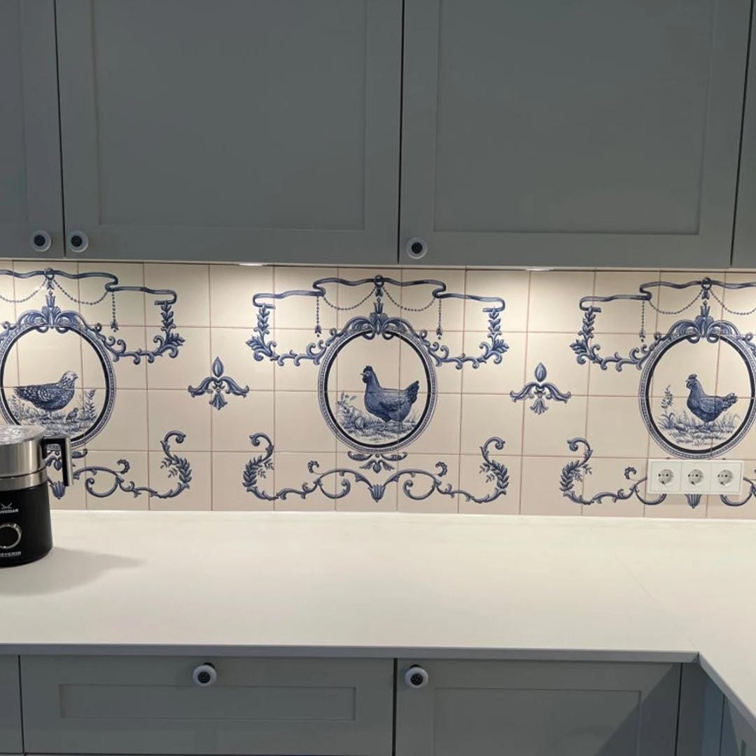 Portuguese Rooster and Chicken Traditional Blue Kitchen Backsplash Tile ...