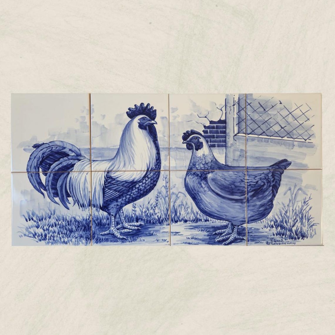 Hand Painted Rooster and Chicken Portuguese Tiles / Traditional Blue ...