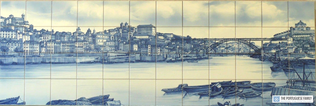Oporto River Landscape Traditional Portuguese Blue Tile Mural ...