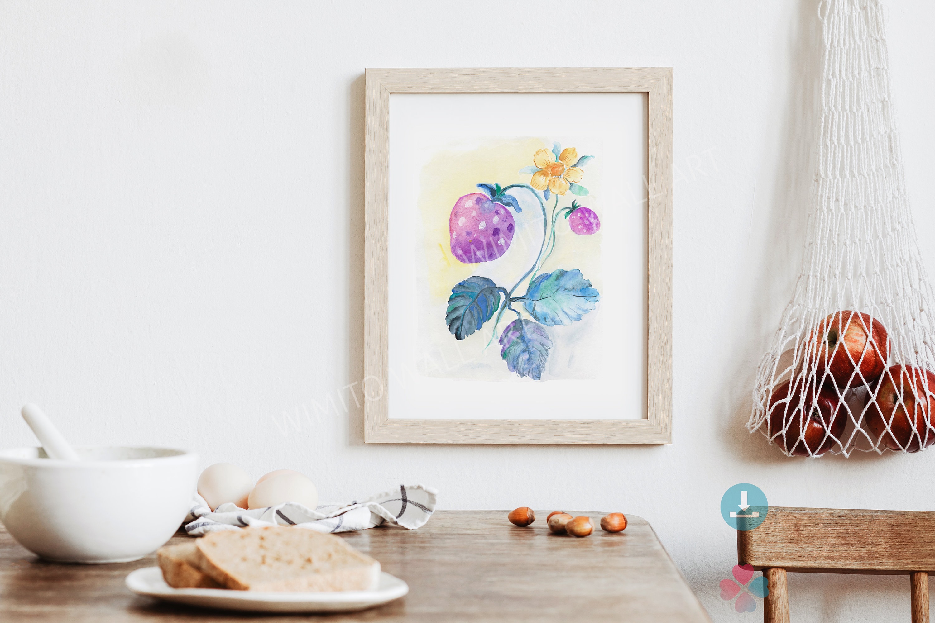 Printable Strawberry Wall Art, Watercolor Strawberry and Flower Wall ...