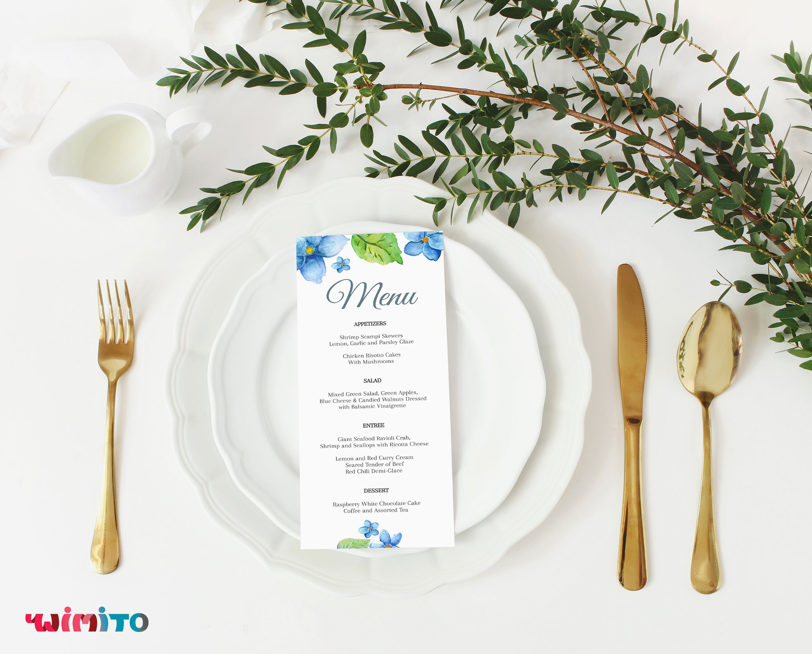 Printable Menu Card Watercolour Blue Flowers Greenery - Etsy