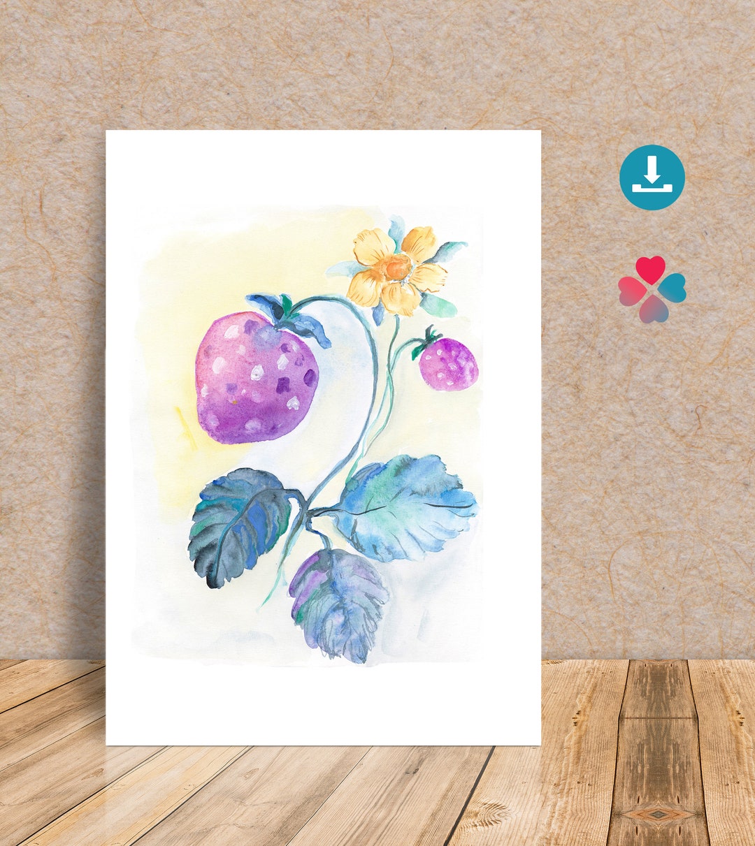 Printable Strawberry Wall Art, Watercolor Strawberry and Flower Wall ...