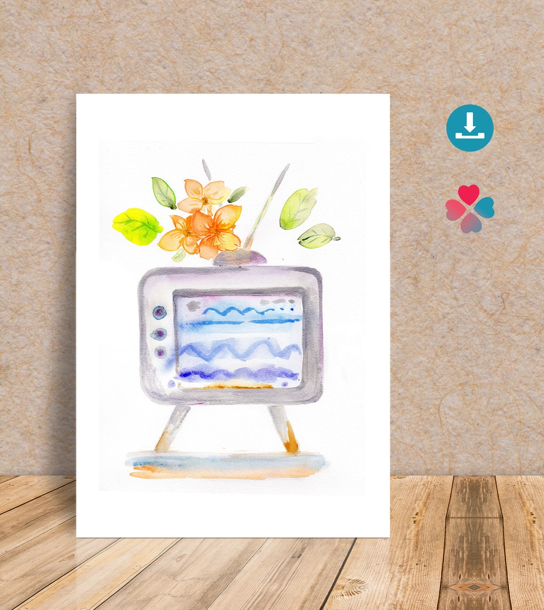 Retro TV Wall Art, TV, Antenna and Flowers Watercolor Painting ...