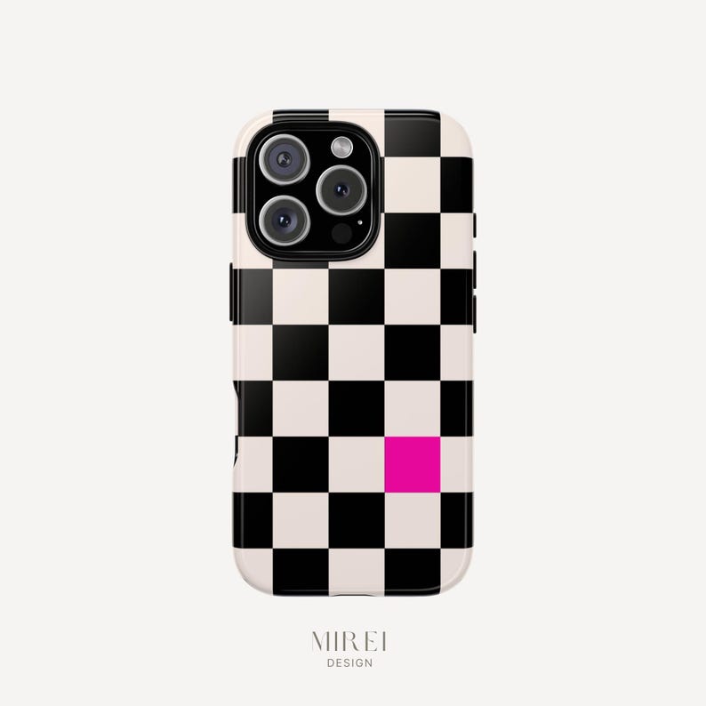 Checkered Black and White Pink Color Case iPhone 16 15 14 13 12 11 Pro ...