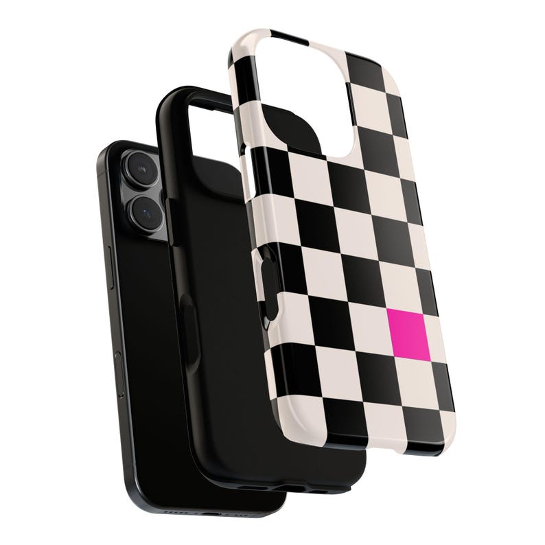 Checkered Black and White Pink Color Case iPhone 16 15 14 13 12 11 Pro ...