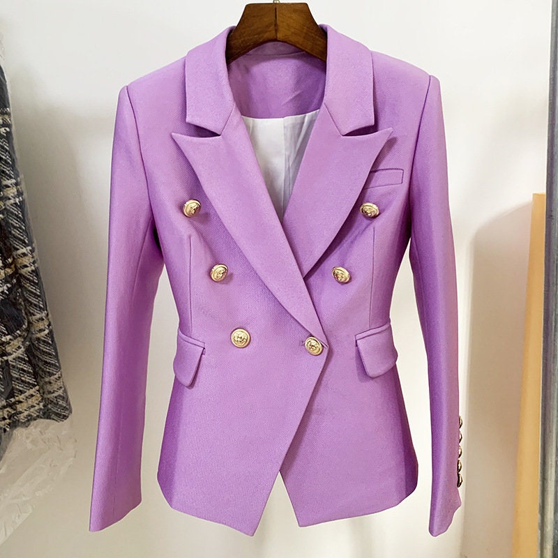 Women's Purple Textured Luxury Fitted Double Breasted Blazer With Lion ...