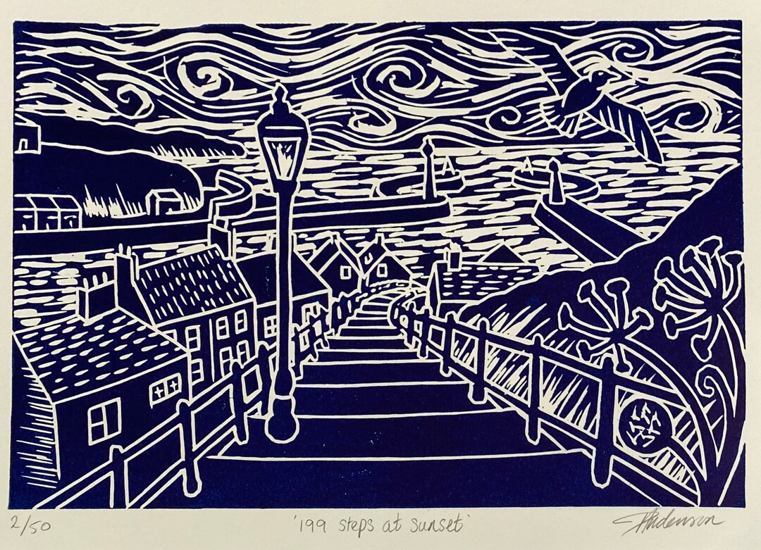 Whitby '199 Steps at Sunset' Lino Print - Etsy