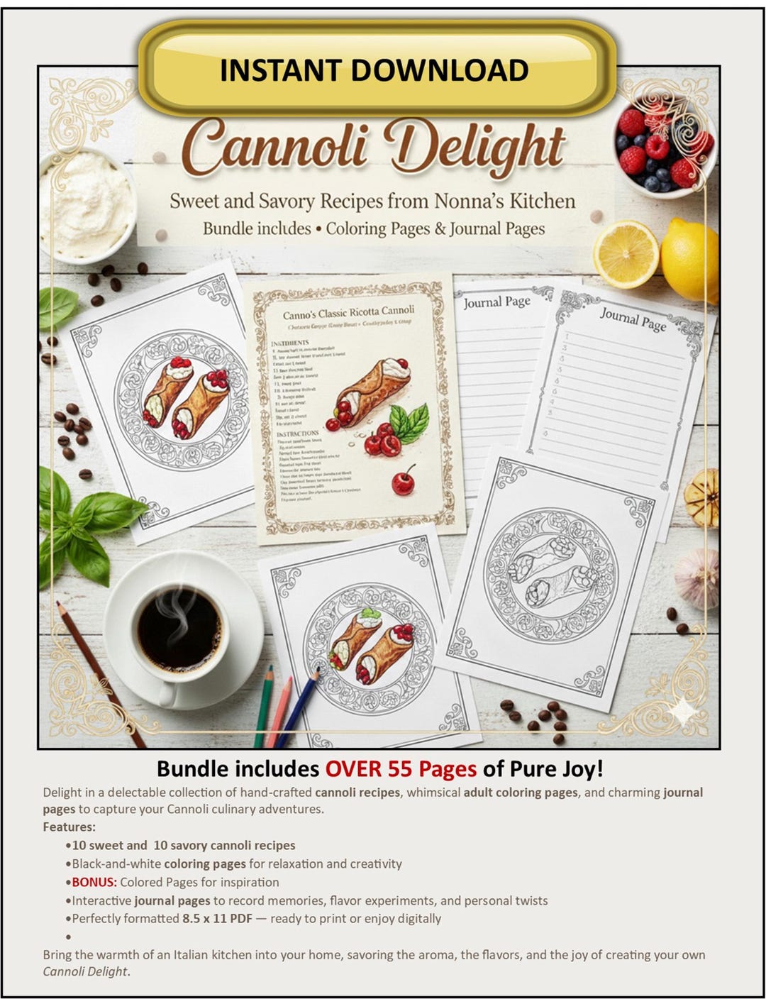 Cannoli Recipe Book Printable – 55+-page Italian Dessert Cookbook PDF ...