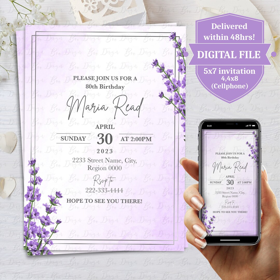 Lavender Invitation, 80th Birthday Invitation, Lavender Birthday ...
