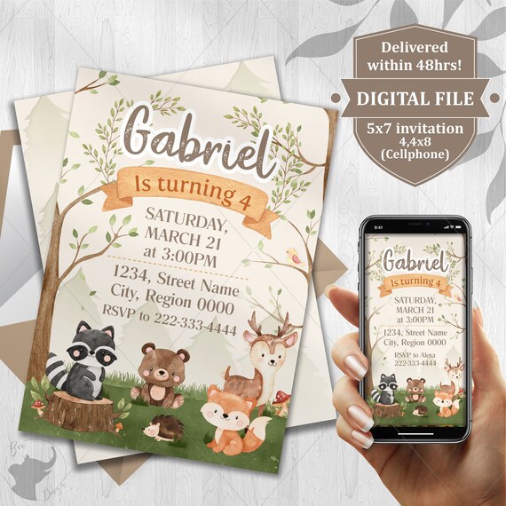 Woodland Invitation Forest Animals Digital Invite Woodland | Etsy