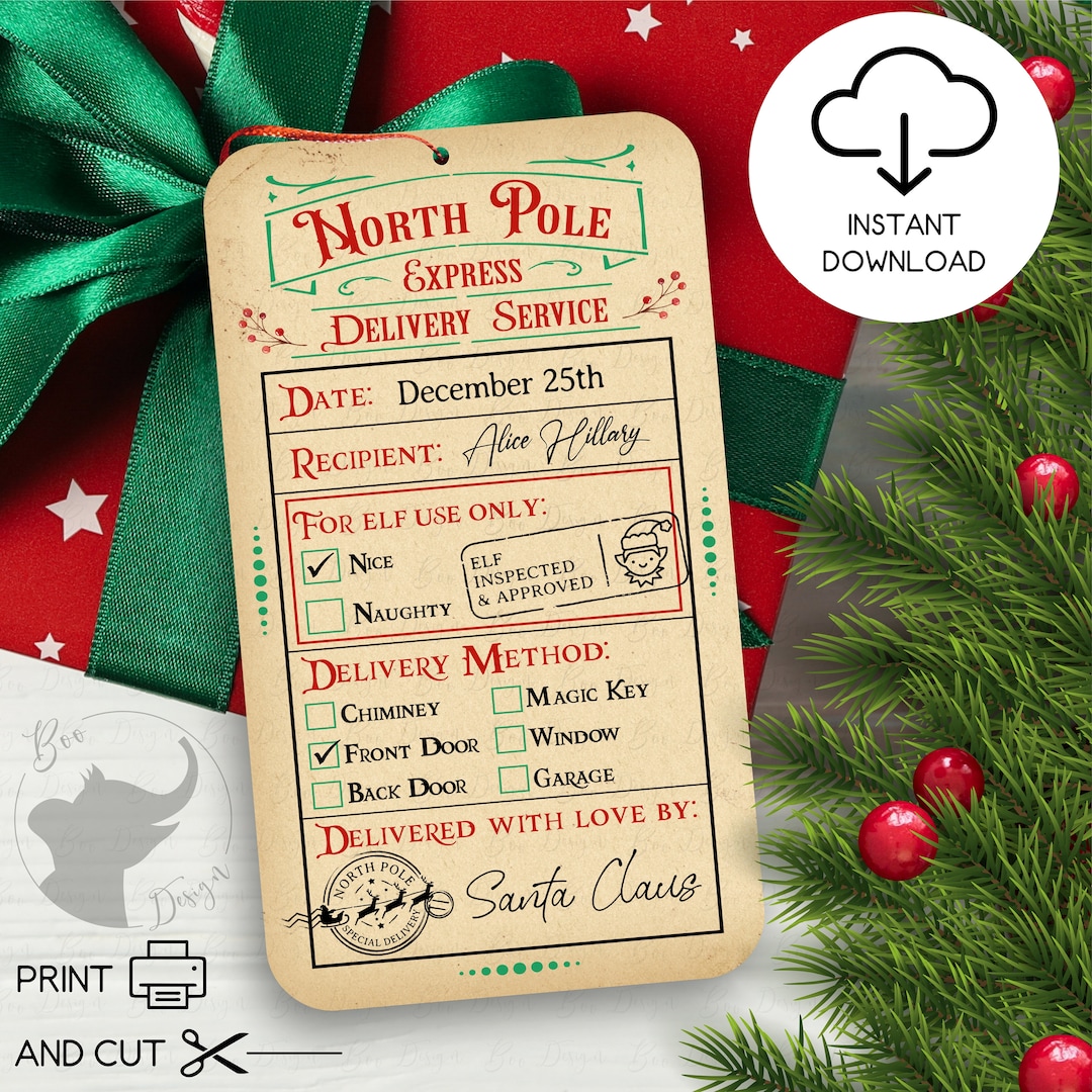 North Pole Delivery Tags, Santa Gift Tags, Santa's Nice List, Holiday ...
