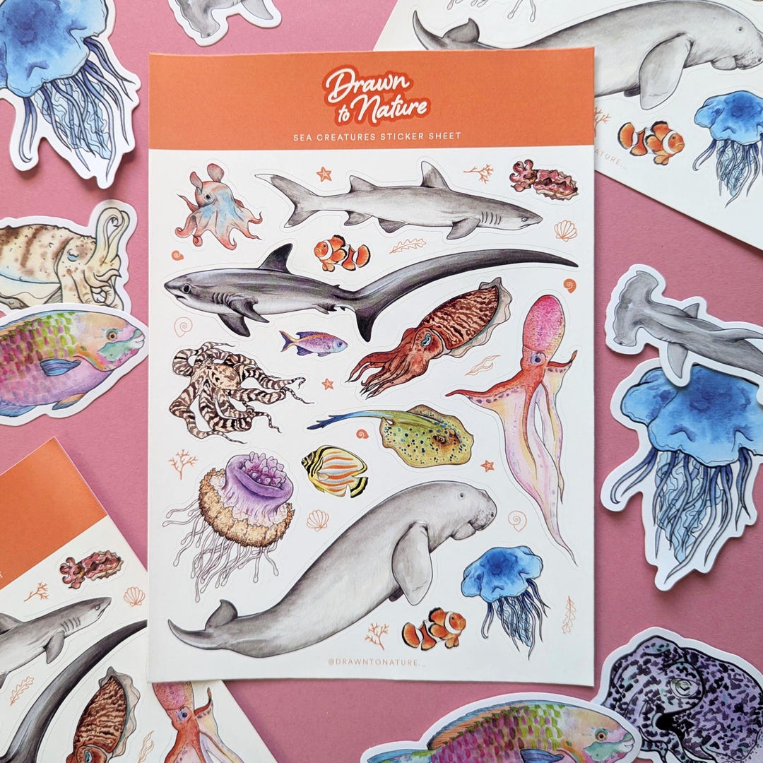 Sea Creatures Sticker Sheet: Watercolor Ocean Animals - Etsy