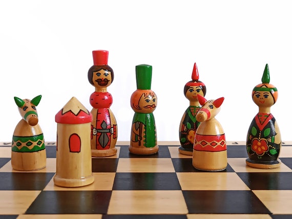 Vintage Nesting Doll Wooden Chess Set Old Chess Board With - Etsy