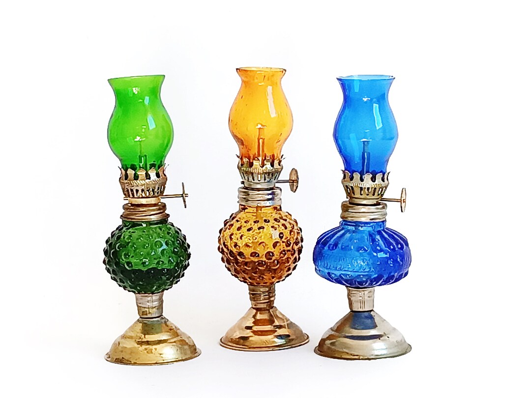 Set of 3 Small Oil Lamps Glass Miniature Kerosene Lamp With Wick ...