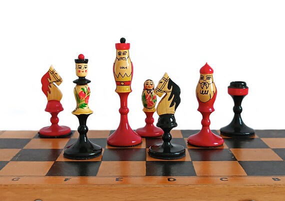 Vintage Nesting Doll Wooden Chess Set Old Chess Board With - Etsy