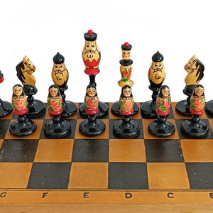 Vintage Nesting Doll Wooden Chess Set Old Chess Board With Hand Painted Matryoshka Chess Piece ...