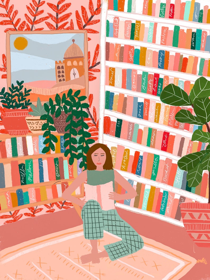 Book Lover Art Print Book Lover Illustration Terra Cotta | Etsy