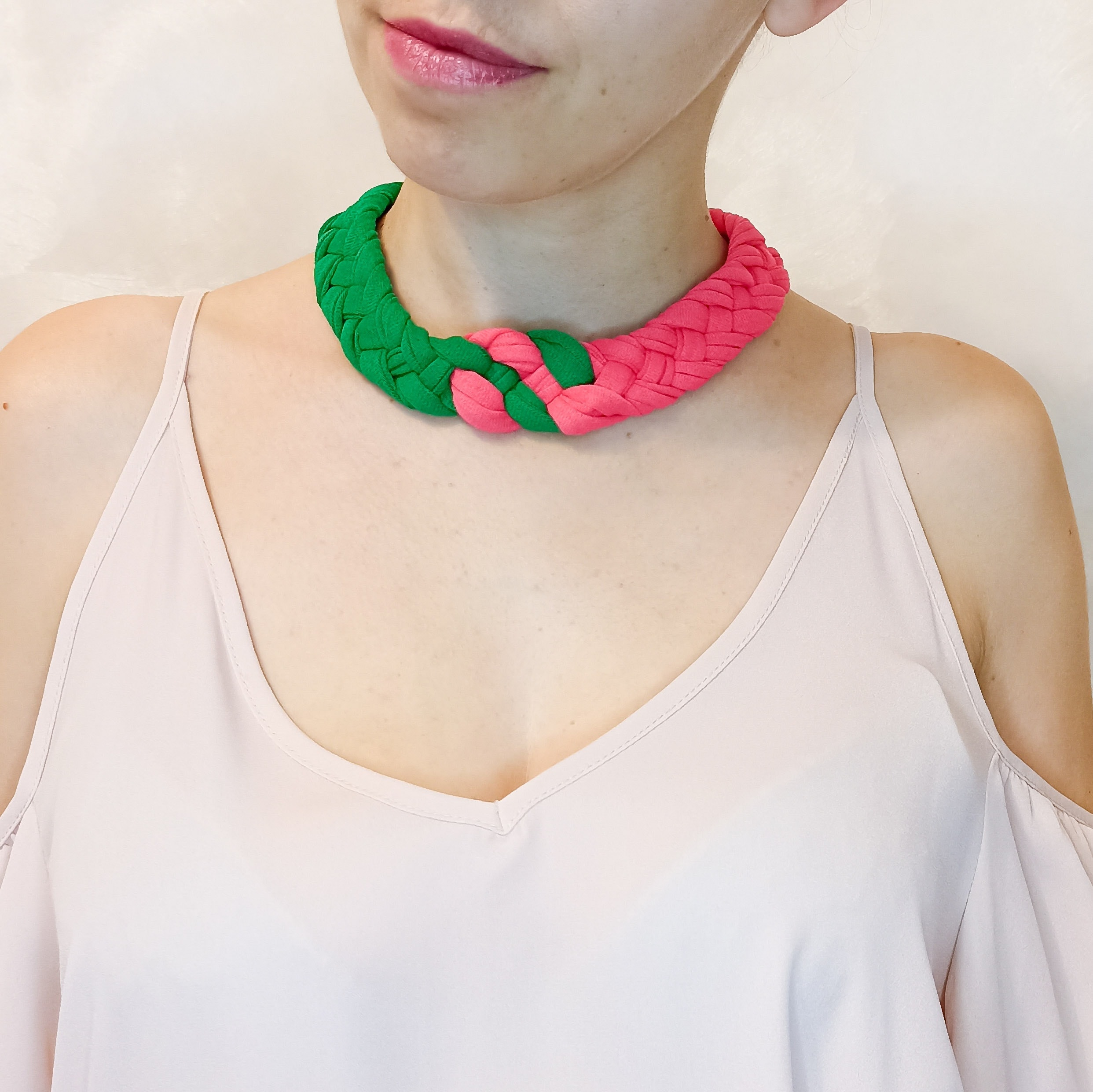 Green and Red Coral Fabric Choker Necklace for Women, Textile Chock ...
