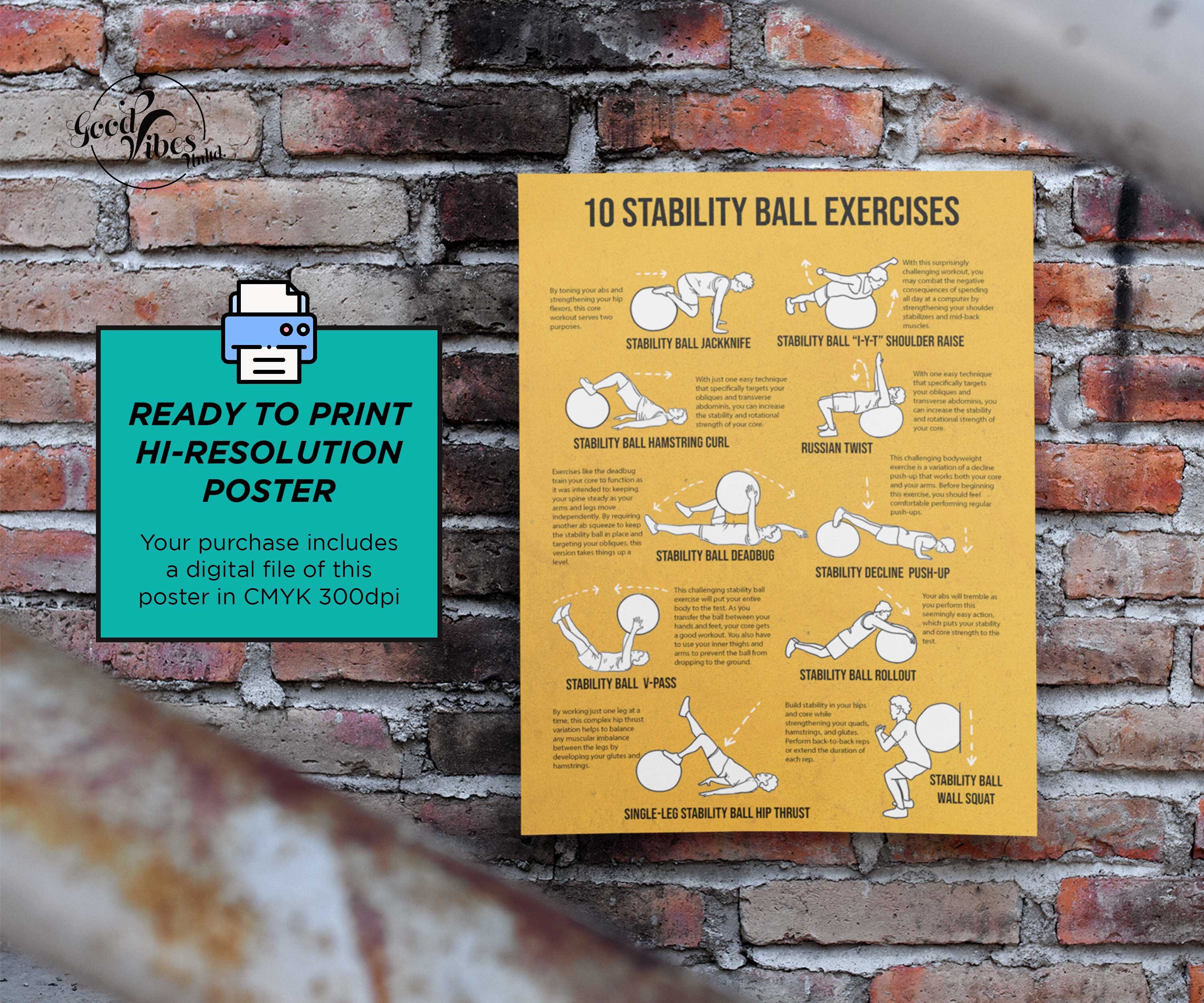 Downloadable Stability Ball Exercise Digital Poster for Your Gym, Room ...