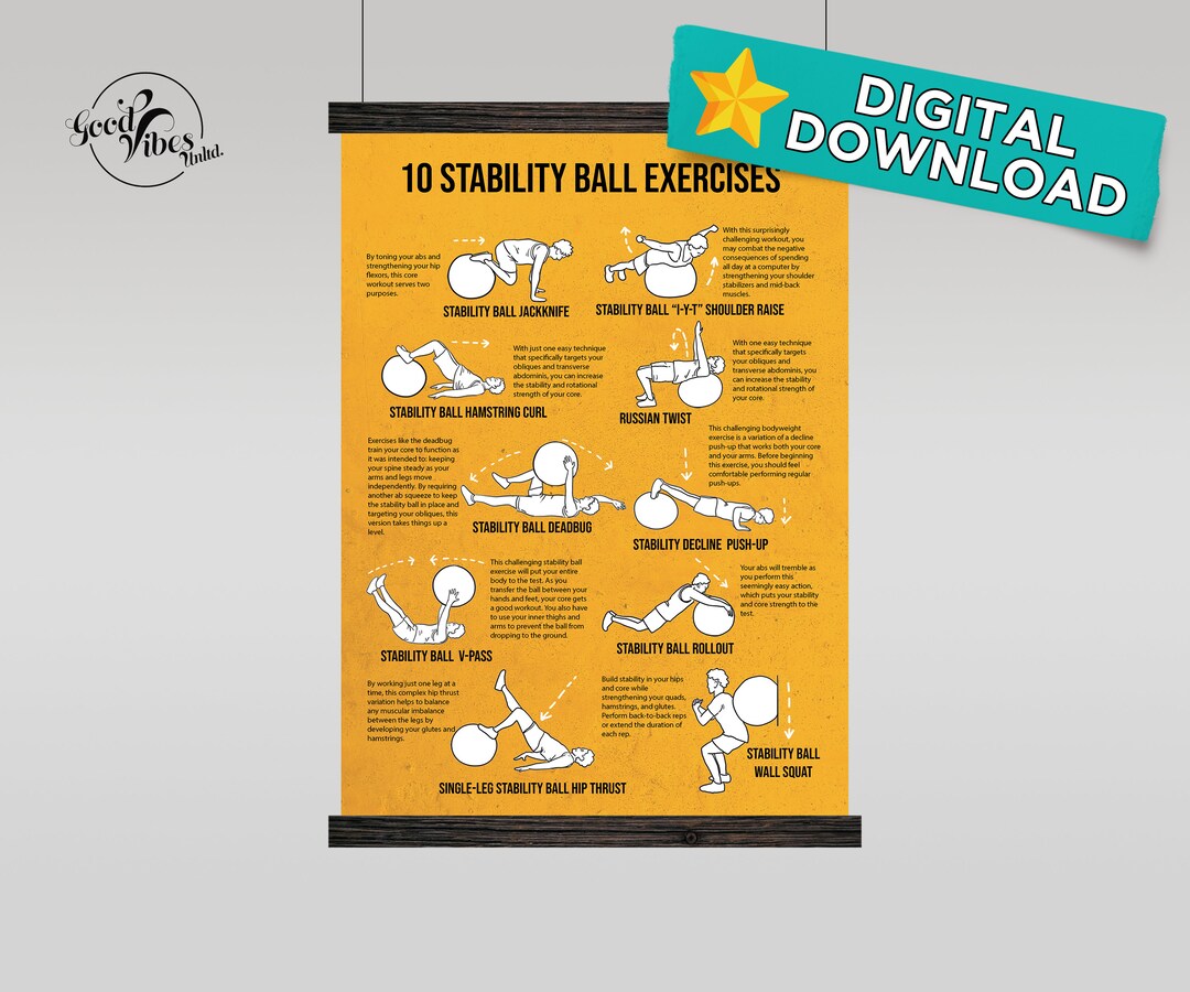 Downloadable Stability Ball Exercise Digital Poster for Your Gym, Room ...