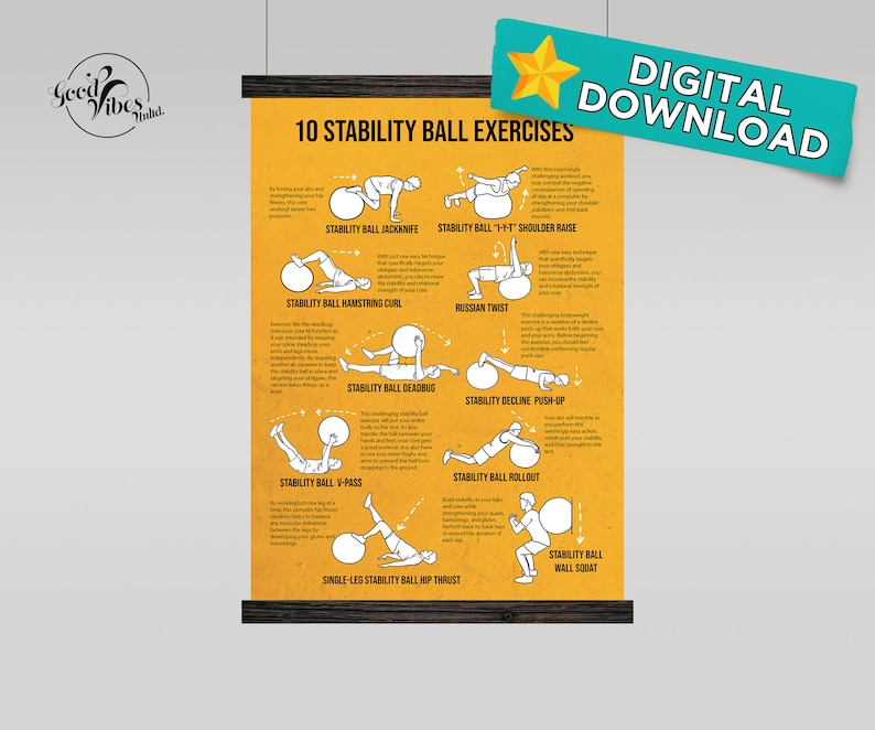 Downloadable Stability Ball Exercise Digital Poster for Your Gym, Room ...