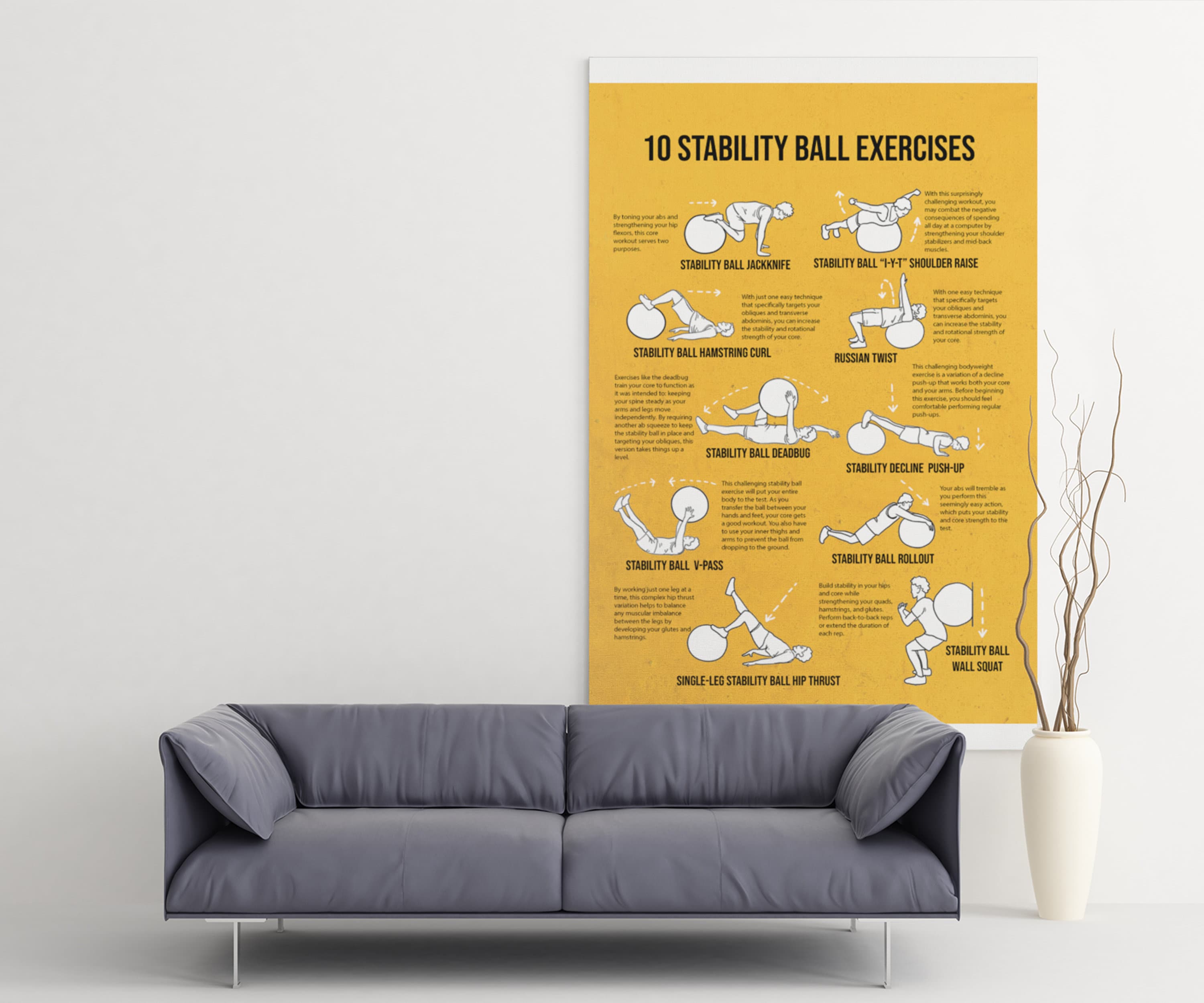 Downloadable Stability Ball Exercise Digital Poster for Your Gym, Room ...