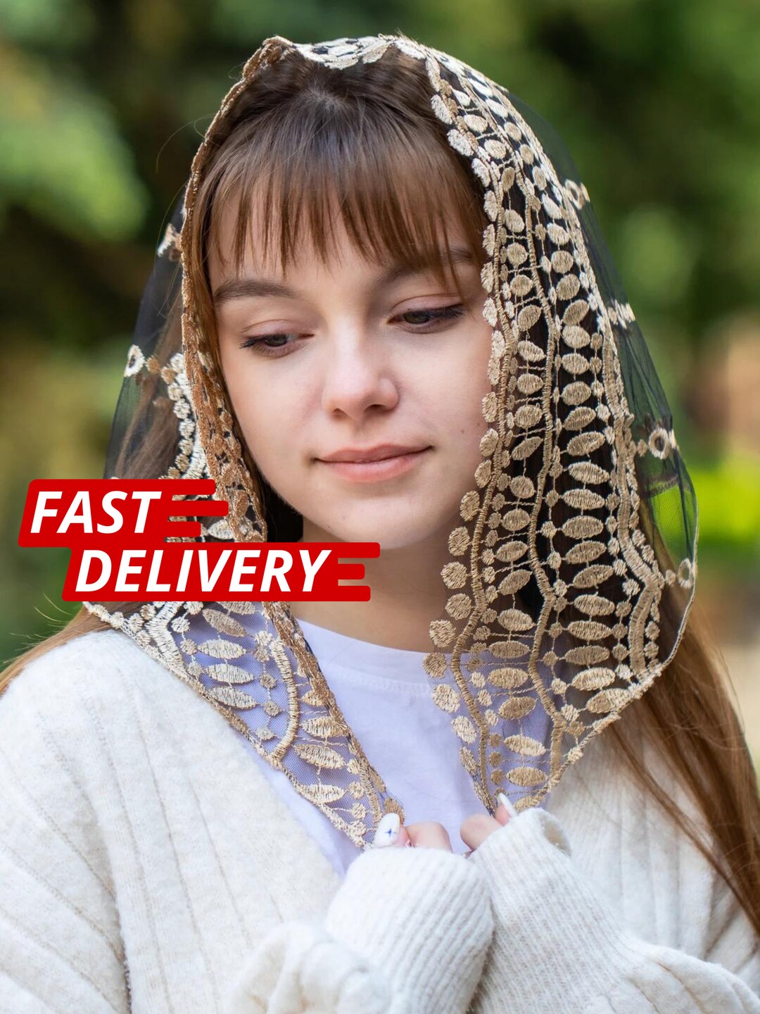 Church Lace Head Covering Veil, Catholic Lace Mantilla, Gold Chapel ...