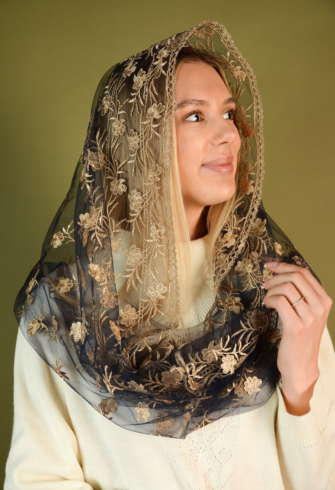 Blue Infinity Lace Veil, Latin Mass Gold Veil, Infinity Catholic Veil ...