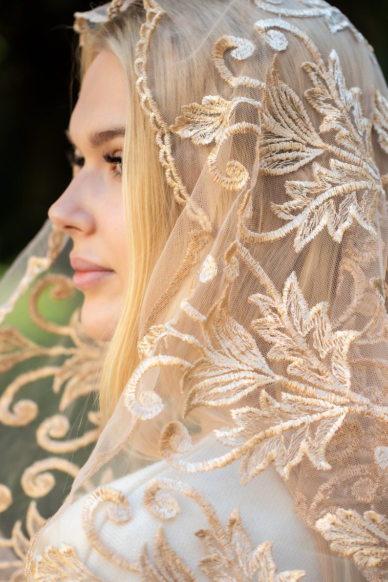 Triangle Gold Lace Veil Gold Lace Scarf Gold Church Veil - Etsy