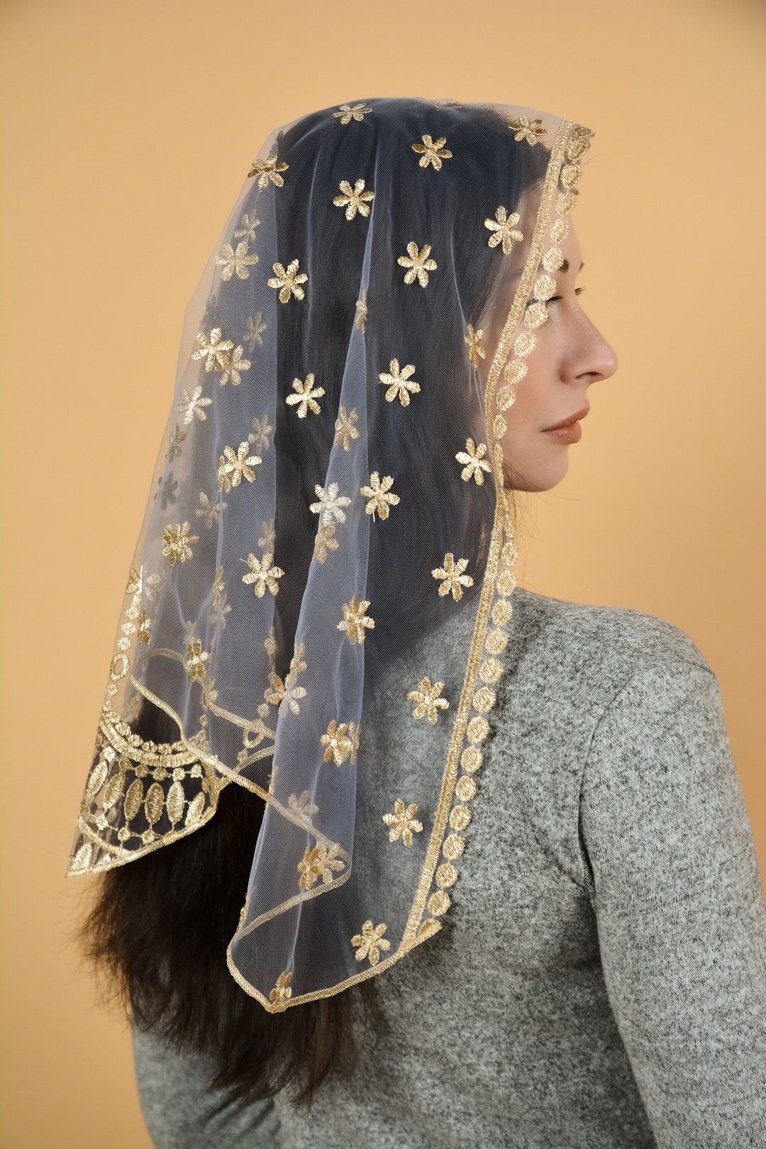 Gold Chapel Veil With Floral Embroidery Church Lace Veil - Etsy