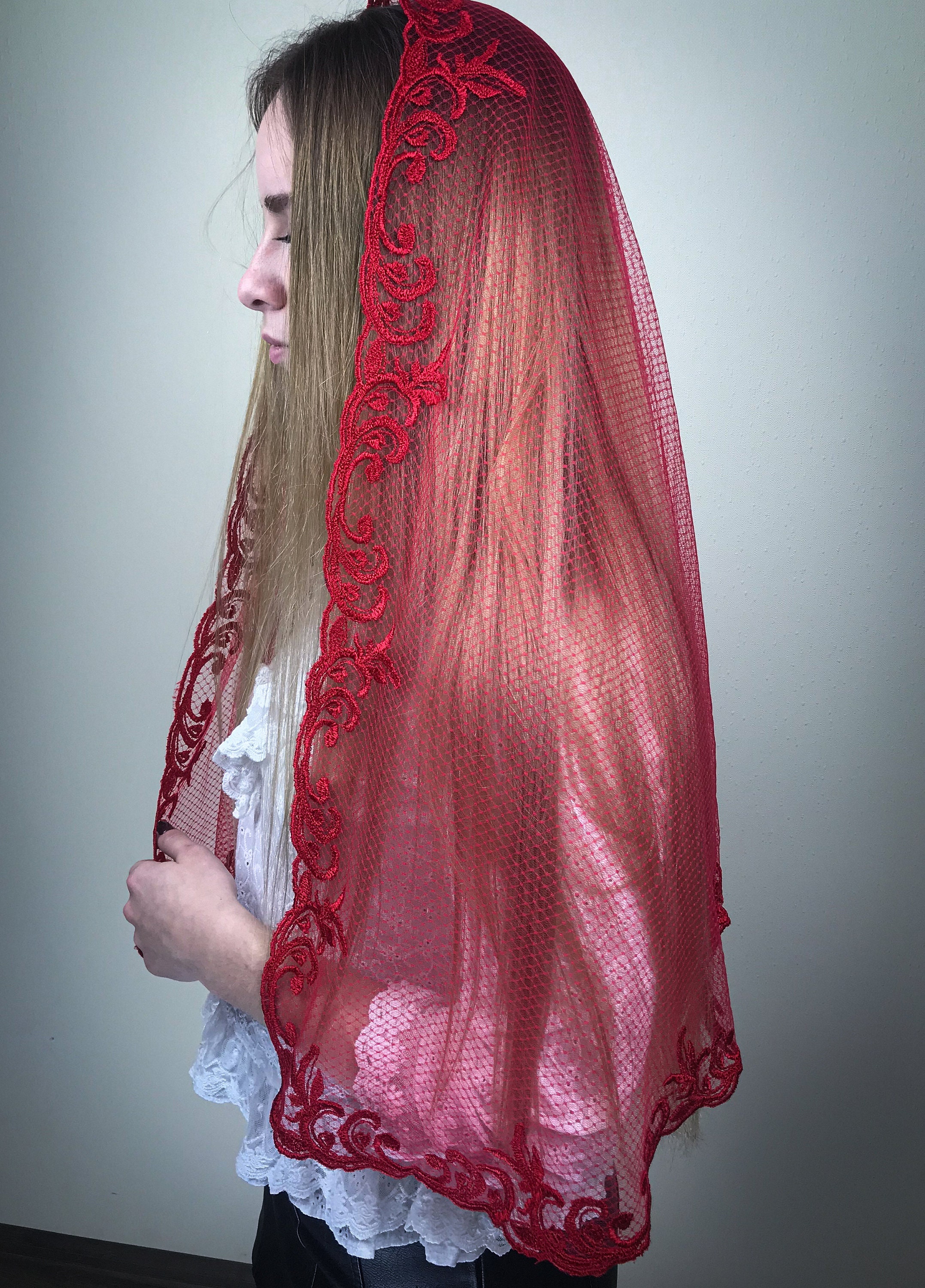 Long red Chapel veil Black church Veil chapel mantilla | Etsy