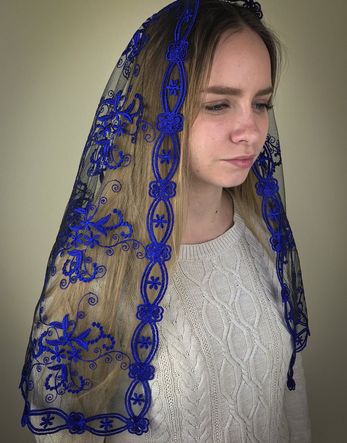 Blue Mantilla veil Veil for Mass Lace church veil | Etsy