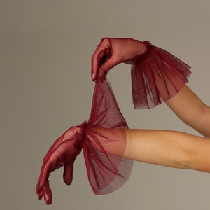 Couture Mesh Tulle Gloves, Gloves Accessories, Short Dark Red Gloves - Etsy