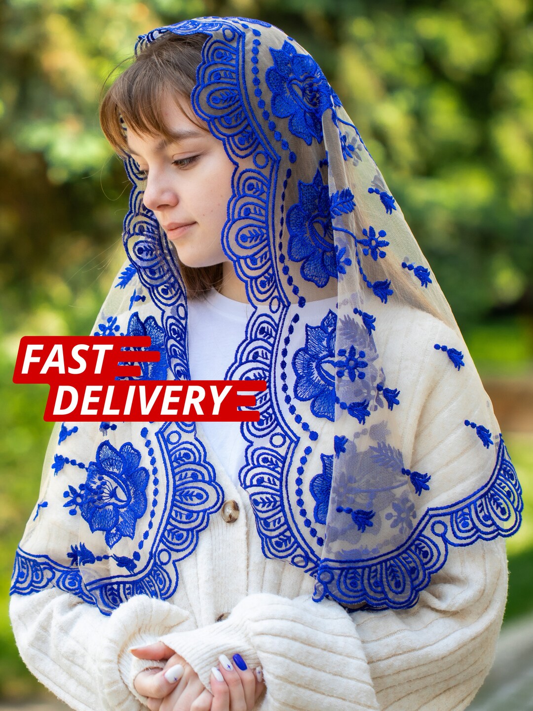 Long Lace Mantilla in Blue Color, Chapel Veil With Lace Veil, Our Lady ...