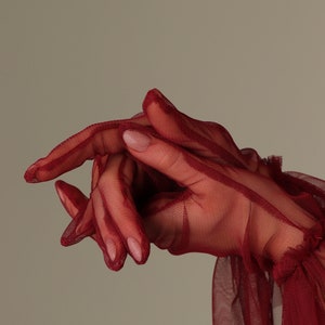 Couture Mesh Tulle Gloves, Gloves Accessories, Short Dark Red Gloves - Etsy