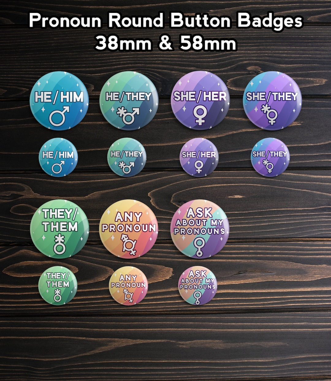 Pronouns Button Badges | 38mm and 58mm | 7 Versions - Etsy