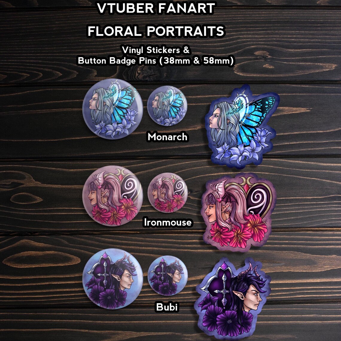 IRONMOUSE, BUBI & MONARCH Floral Vtuber Fanart | Stickers / 38mm or ...