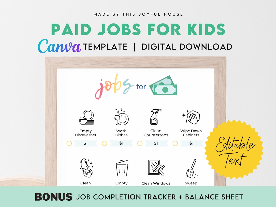 Paid Jobs for Kids Printable | Editable Canva Template | Digital ...
