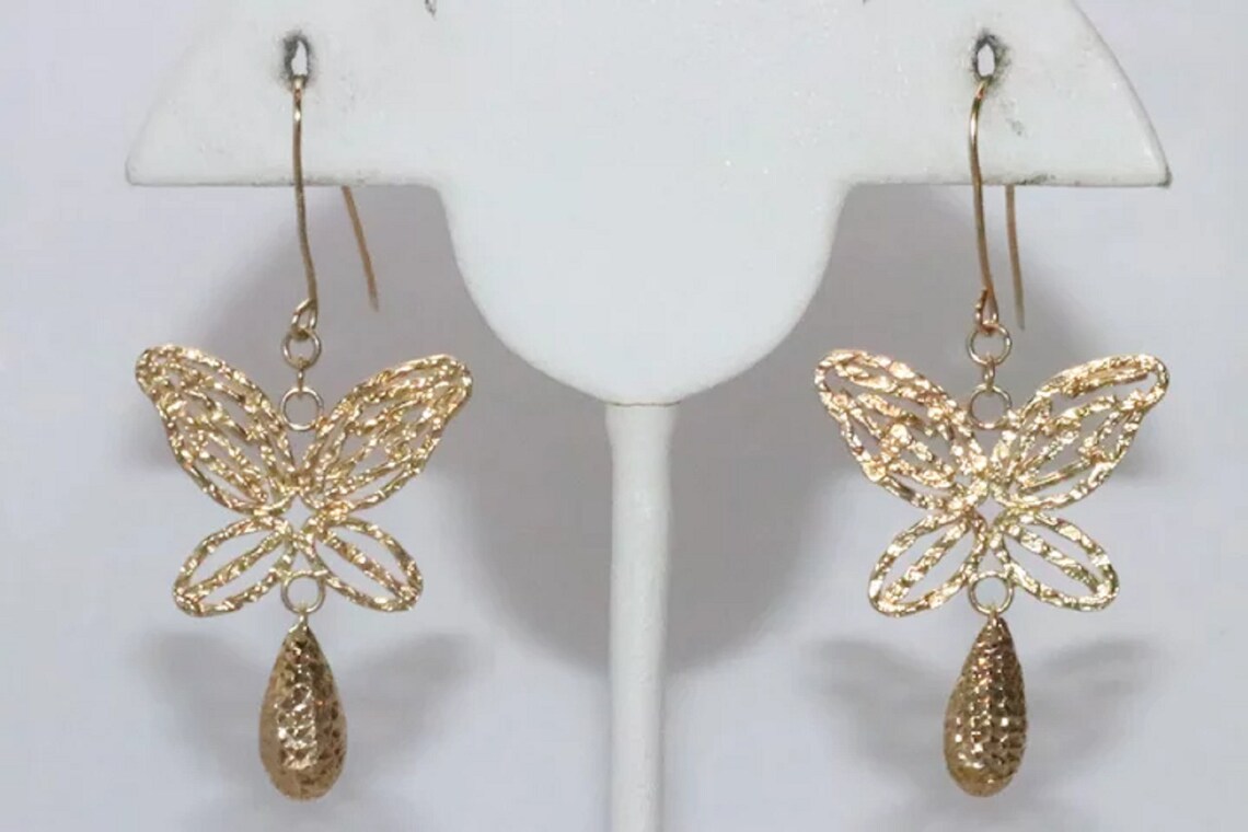 14K Yellow Gold Dangling Diamond Cut Butterfly Earrings - Etsy Singapore