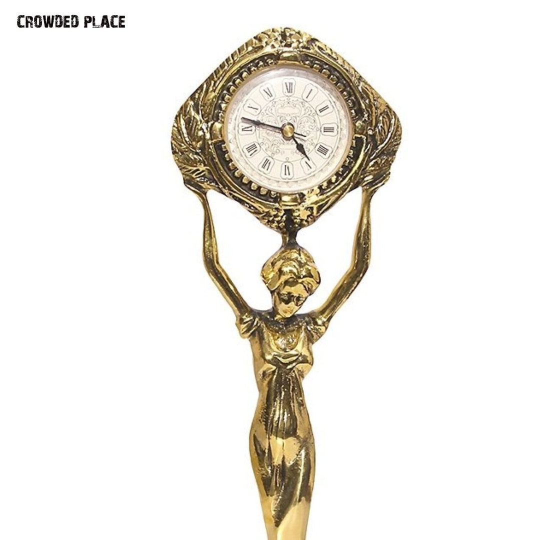 Brass Mantel Clock With Lady, Brass Table Clock Statue, Vintage Desktop ...