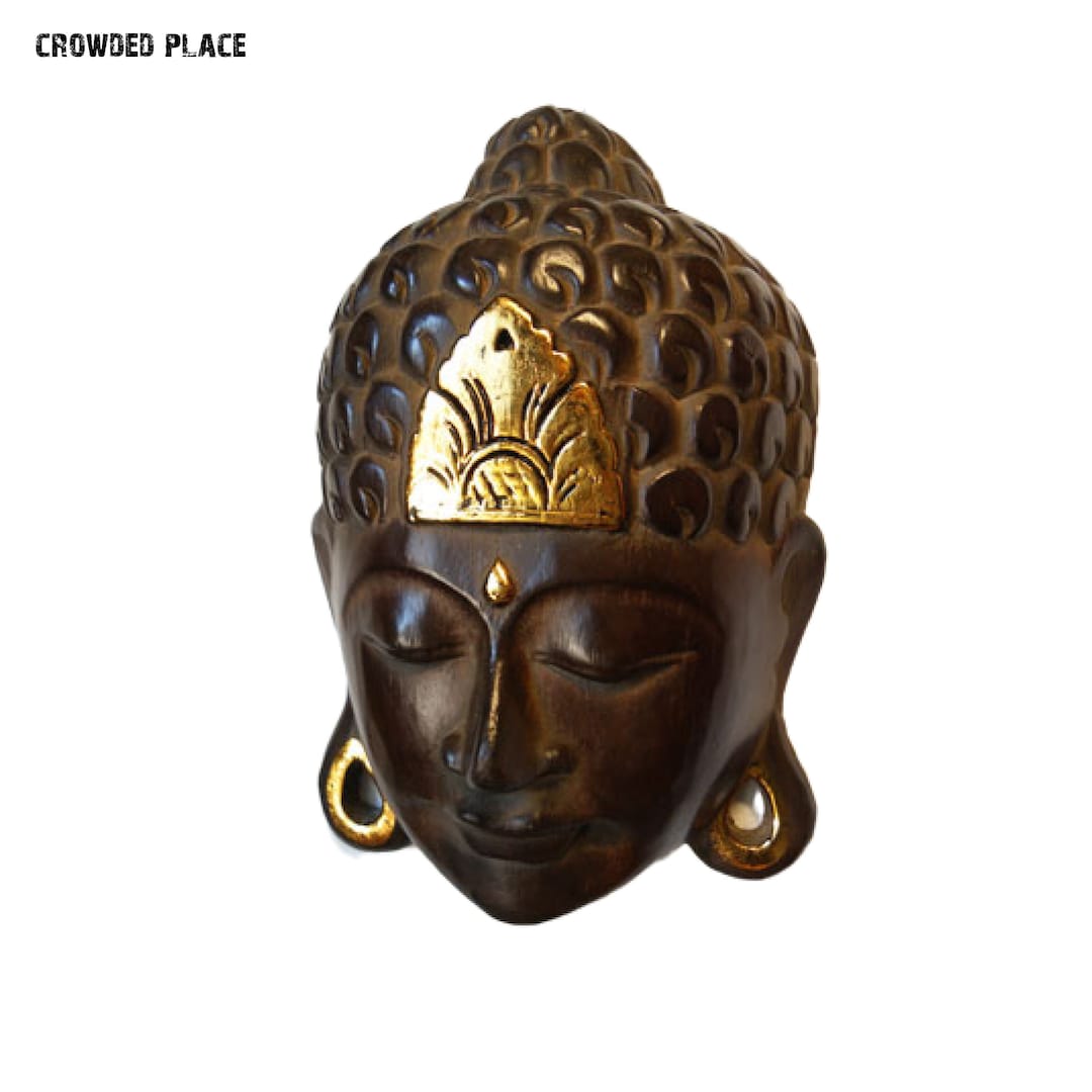Hand Carved Wooden Buddha Mask: Brown & Gold Wall Hanging - Etsy