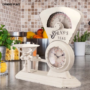 Retro Clock Styled Like a Kitchen Scale, Vintage Style Kitchen White ...