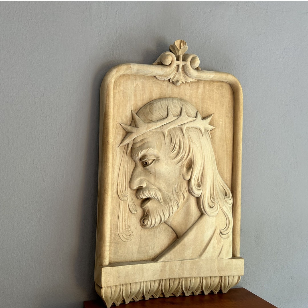 Hand Carved Wooden Panel With Jesus, Vintage Wooden Sculpture With ...