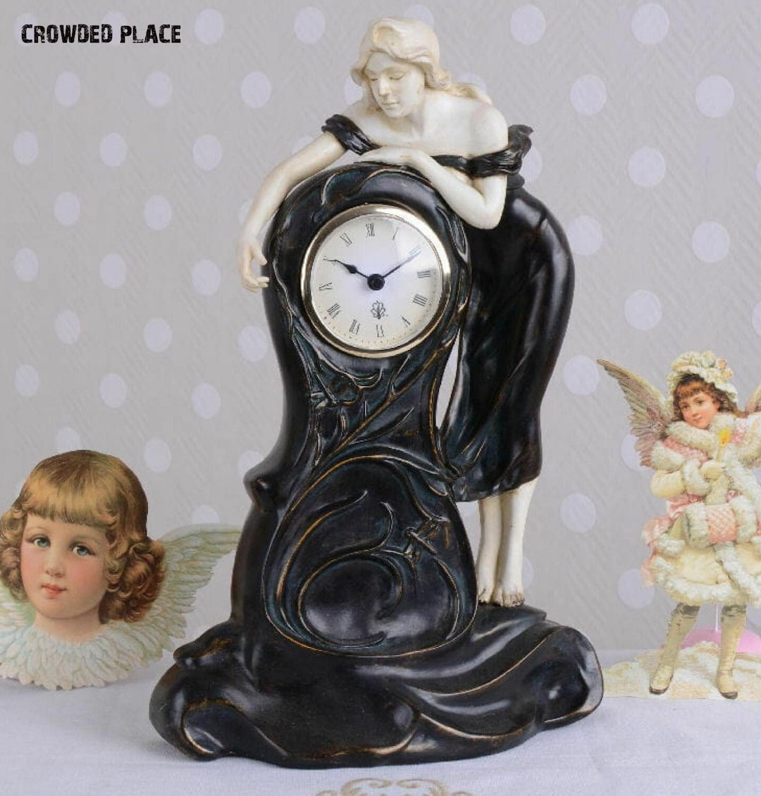Black Mantel Clock With Woman Figure, Vintage Desktop Clock, Retro ...