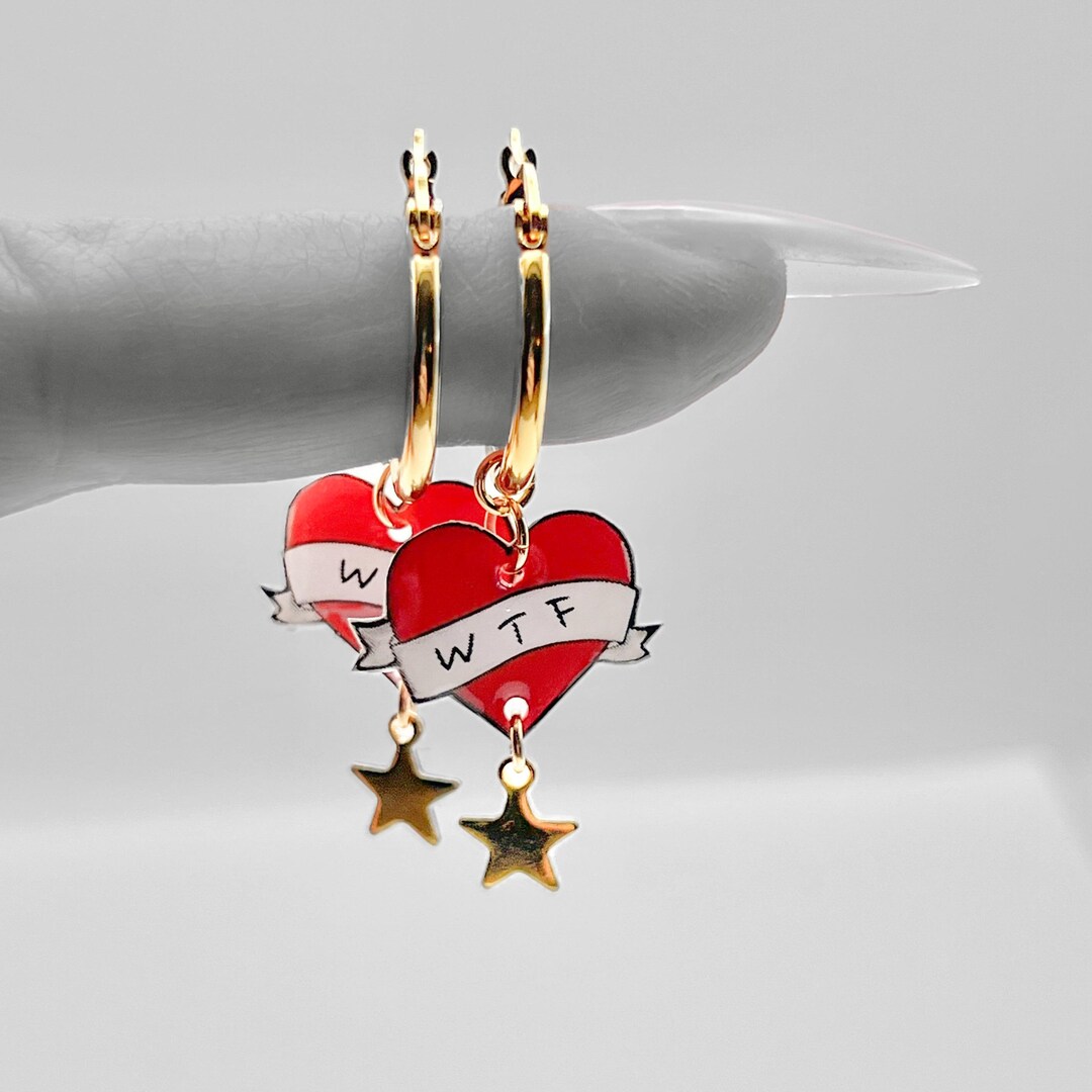 WTF Handmade Unique Collage Charm Heart, Statement Earrings, Golden ...