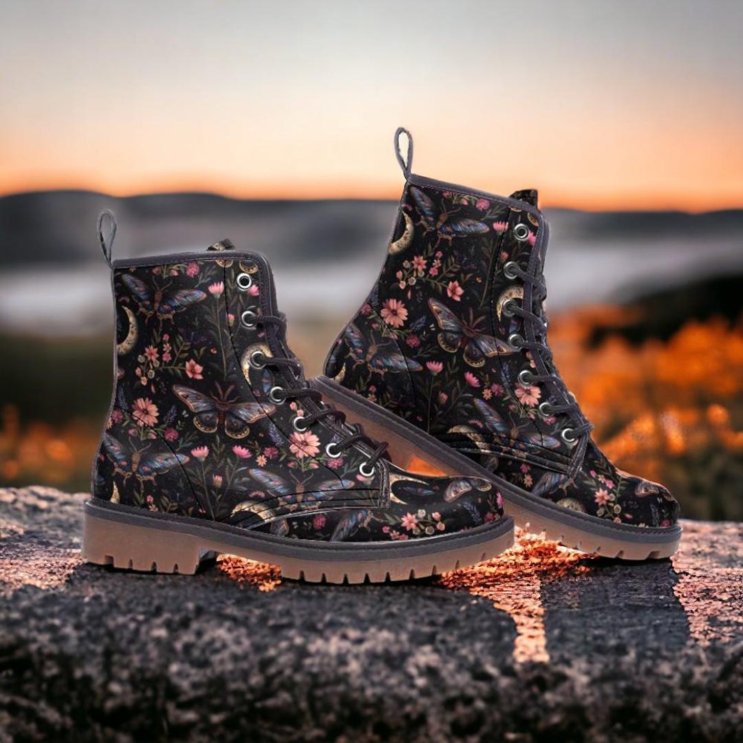 Night Garden Vegan Faux Leather Combat Boots, Mystical Moth Moons Boot ...