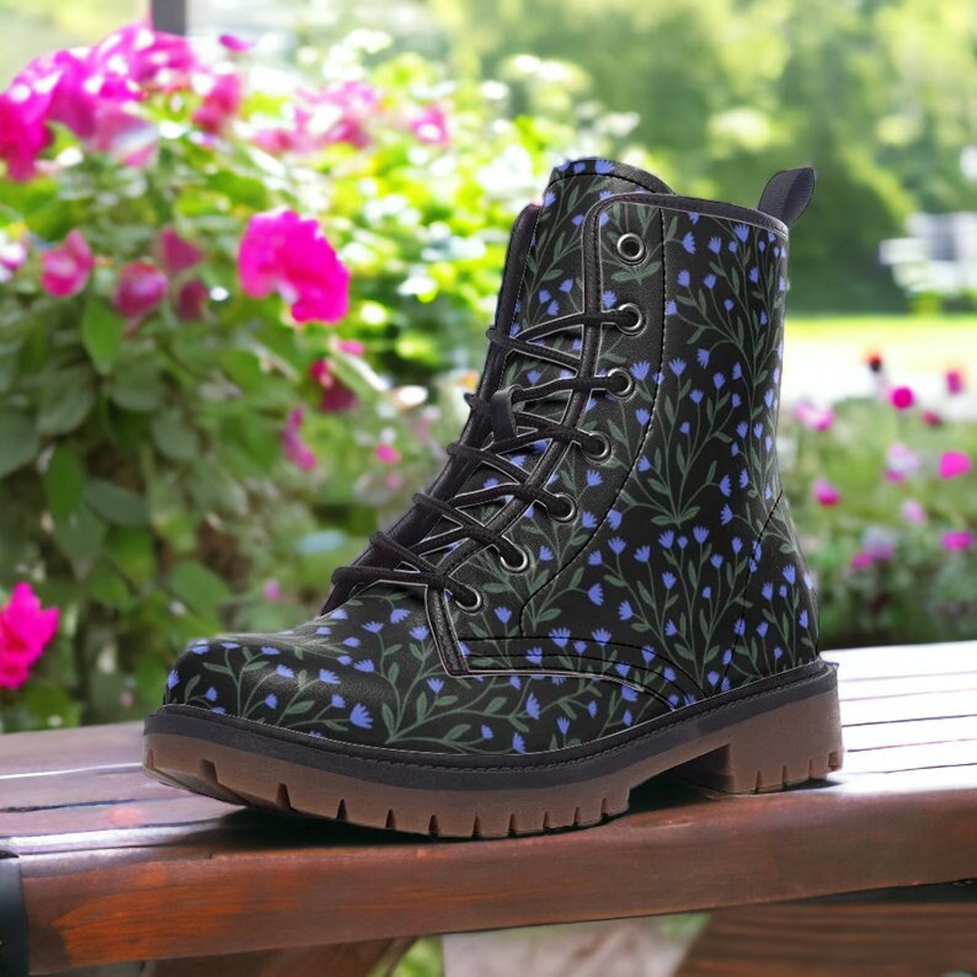 Dark Cottagecore Vegan Boots, Country Floral Boots, Blue Disty Floral ...